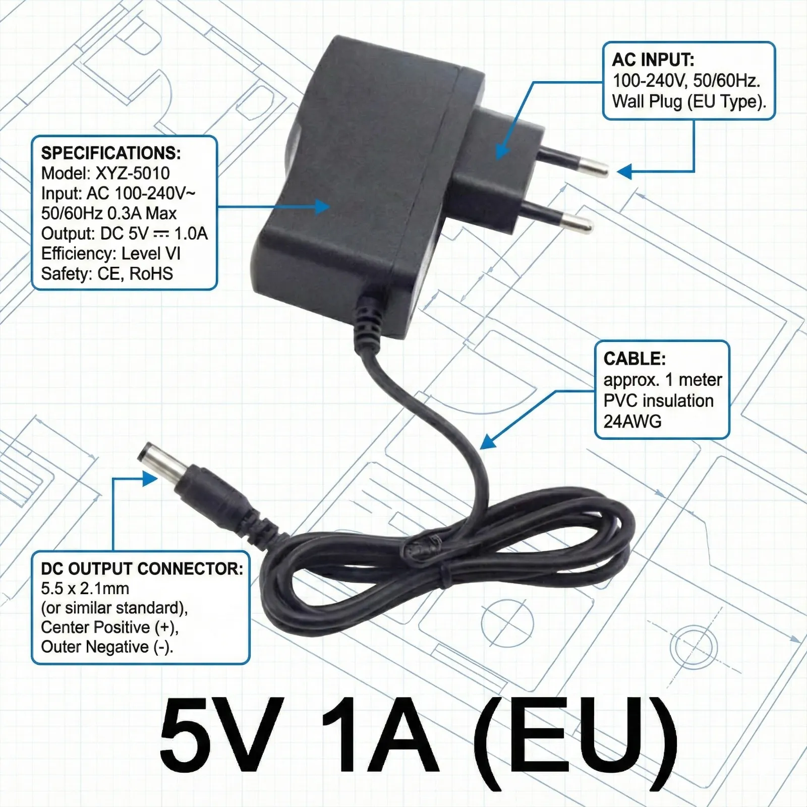 Regulated 5V 1A AC to DC Power Adapter | Universal Input (100-240V ...